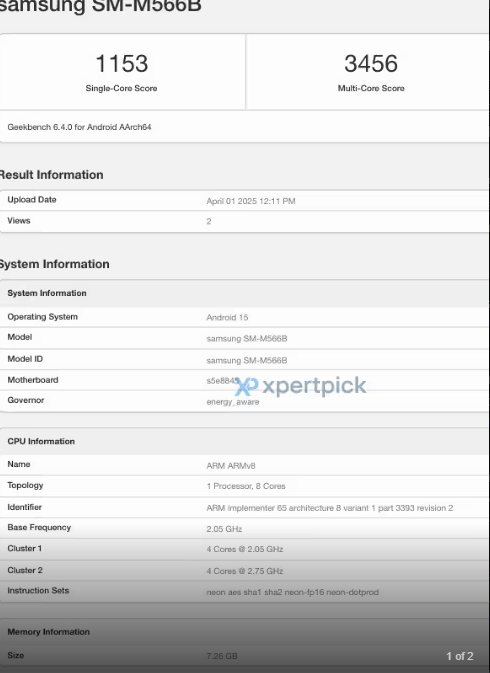 El Samsung Galaxy M56 5G visto en Geekbench